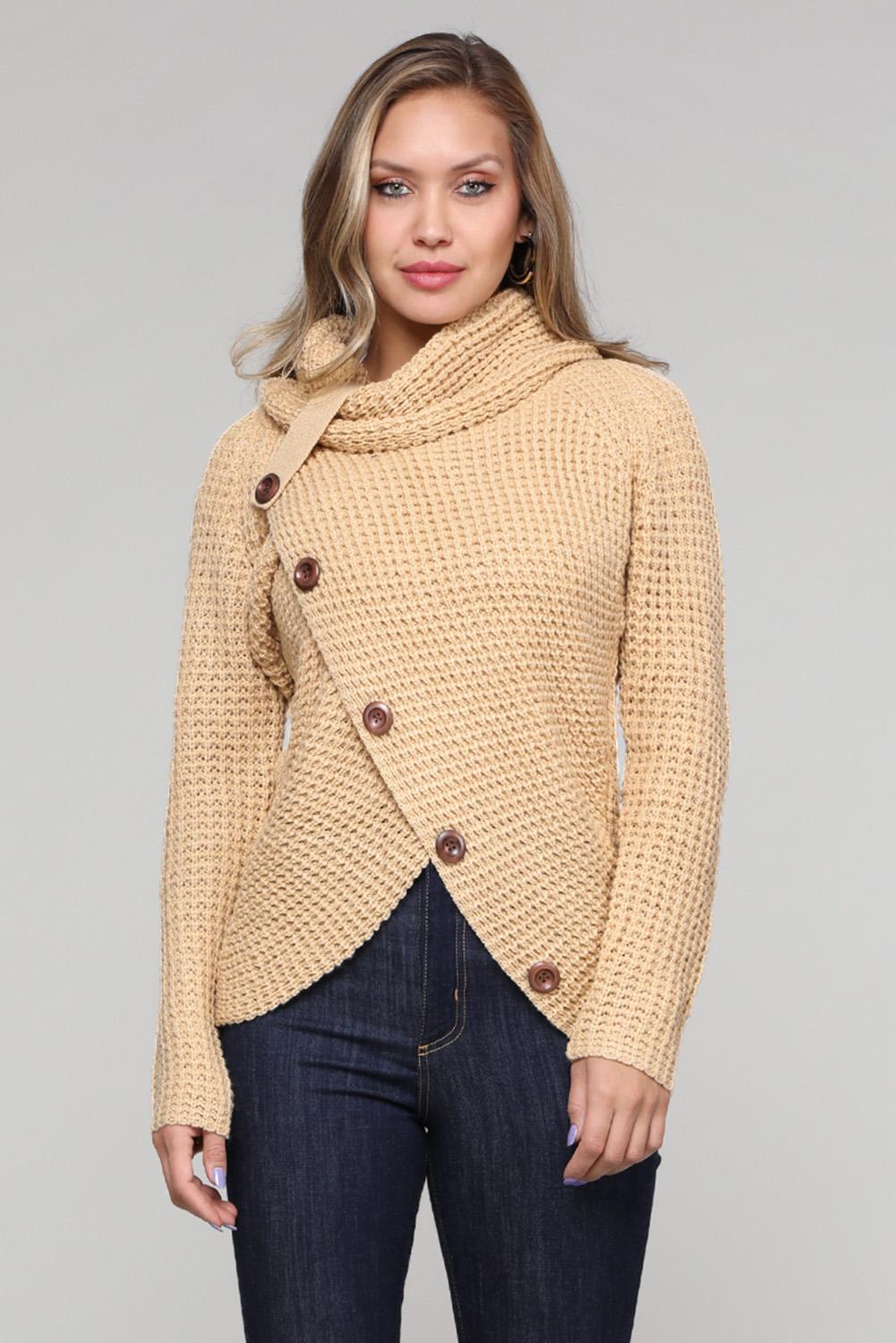 Pilcro Buttoned Wrap Turtleneck Pullover Sweater Tops Beige - Amber Millet