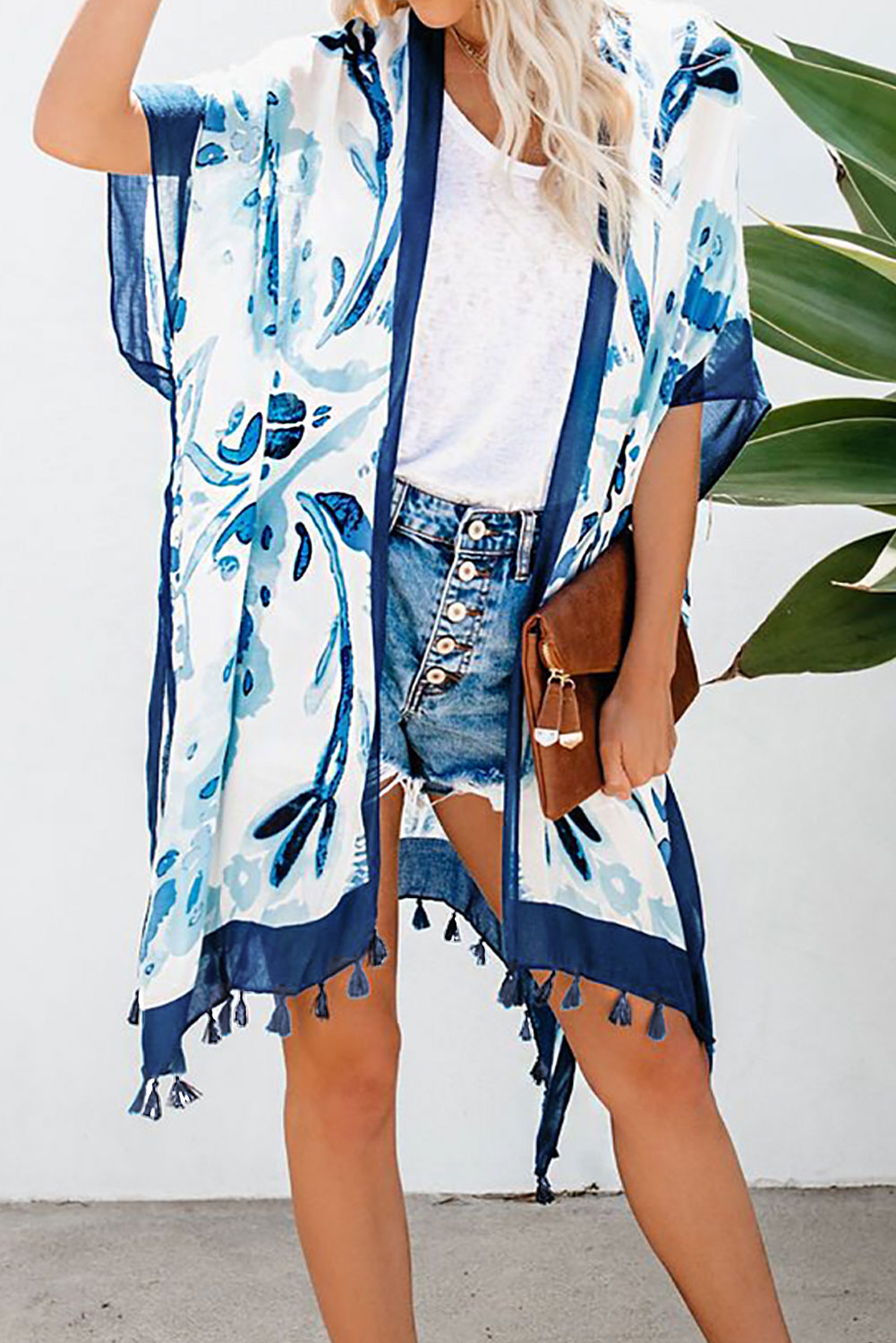 Marcie Bohemian Print Open Front Loose Kimono Beach Cover Up Blue Amber Millet