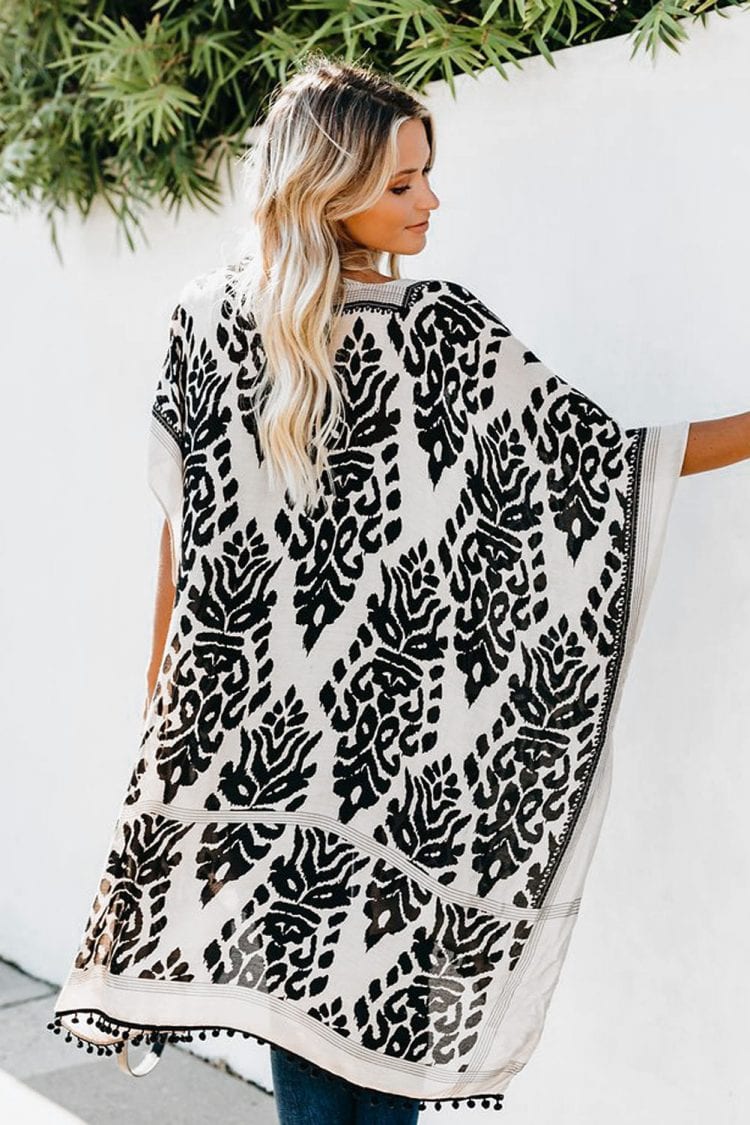 Edith Women Bohemian Print Kimono Loose Beach Cover Up Black Amber Millet